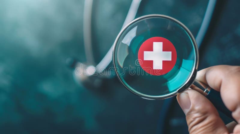 Hand Holding a Magnifier Over the Stethoscope, Magnifier with a White Cross on Red Stock ...