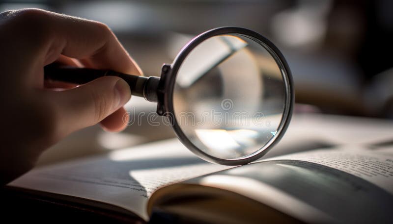 Hand Holding Magnifying Glass Examining Book Closely Generated by AI ...