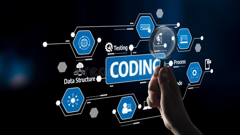 Hand Holding Magnifying Glass Examining Coding Process with Data ...