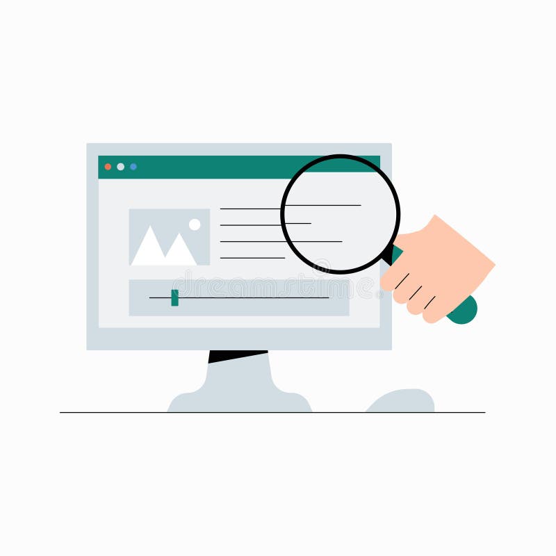 Hand Holding Magnifying Glass Over Webpage in Flat Vector Illustration ...