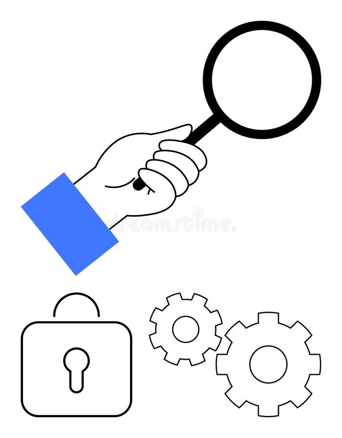 Hand Holding Magnifying Glass with Lock and Gears Representing Security ...