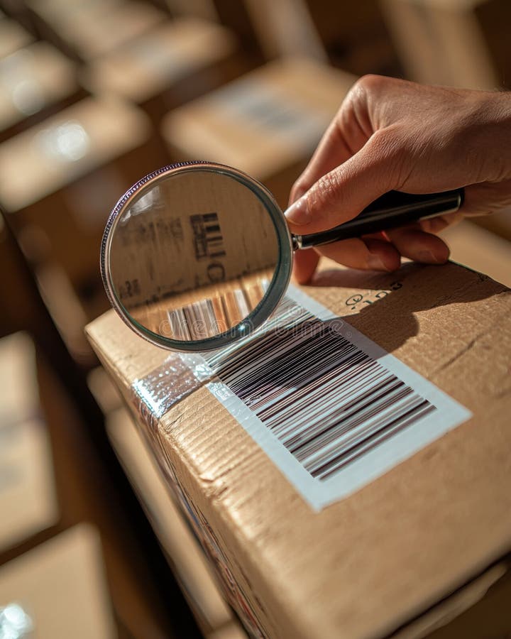 Hand Holding Magnifying Glass Over Barcode on Cardboard Box in ...