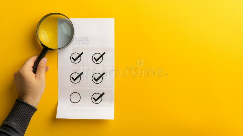 Hand Holding Magnifying Glass Over Checkmark List on Yellow Background ...