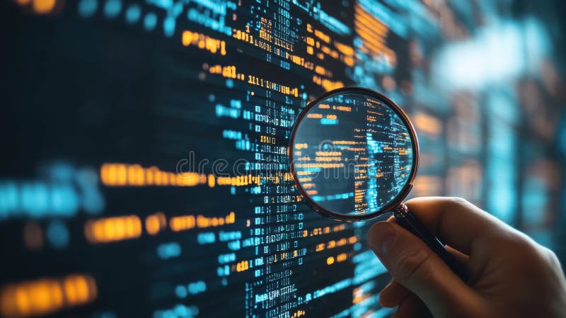 Hand Holding Magnifying Glass Over Digital Code Interface, Quality ...