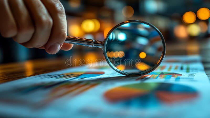 Hand Holding Magnifying Glass Over Digital Data Analytics and Pie Chart ...