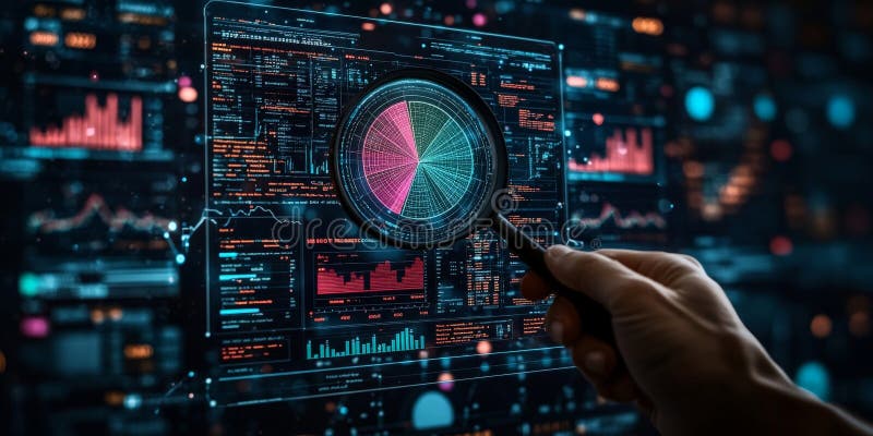 Hand Holding Magnifying Glass Over Digital Data Analytics and Pie Chart ...