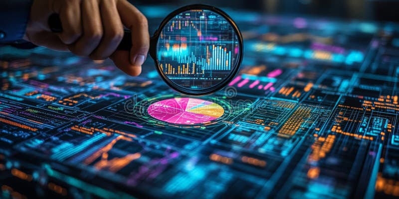 Hand Holding Magnifying Glass Over Digital Data Analytics and Pie Chart ...