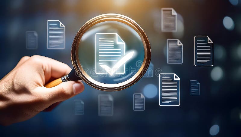A Hand Holding a Magnifying Glass Over a Document Icon with a Checkmark ...