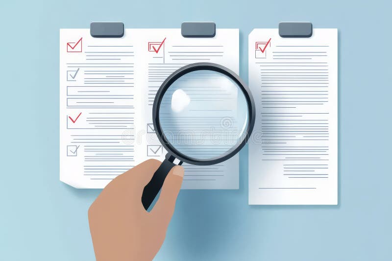 Hand Holding Magnifying Glass Over Documents with Checkmarks ...