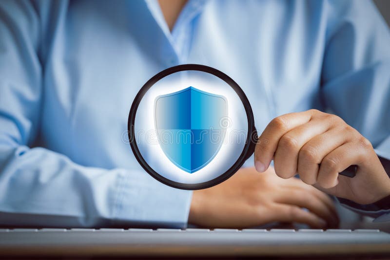 Hand Holding Magnifying Glass with Safety Shield, Secure Verification ...