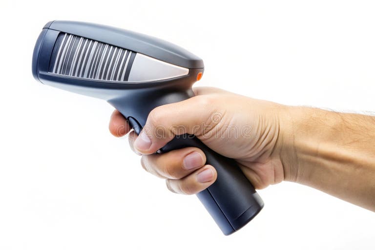 Hand Holding Manual Scanner Barcode Machine with Flat Laser on White ...