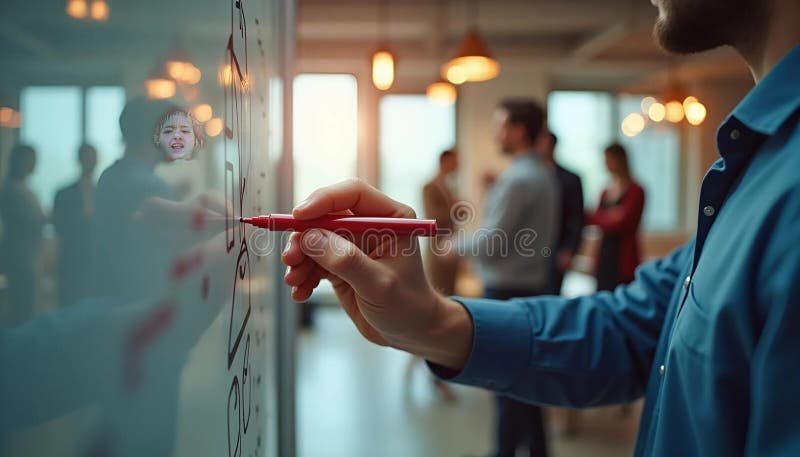 A Hand Holding a Marker, Writing on a Whiteboard with Visible Handwritten Text, Blurred ...