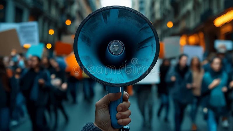 Impactful Demonstration with a Megaphone in a Crowded City Stock Video ...
