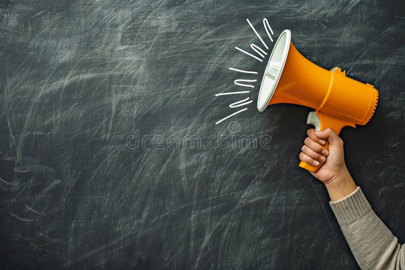 Hand Holding Megaphone with Sound Waves on Blackboard. Advertising ...