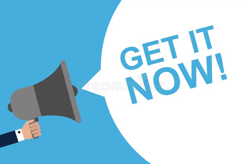 Hand Holding Megaphone with Speech Bubble GET it NOW. Announcement ...