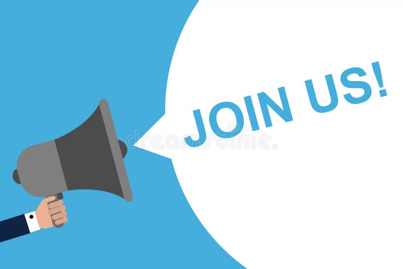 Hand Holding Megaphone with Speech Bubble JOIN US!. Announcement Stock ...