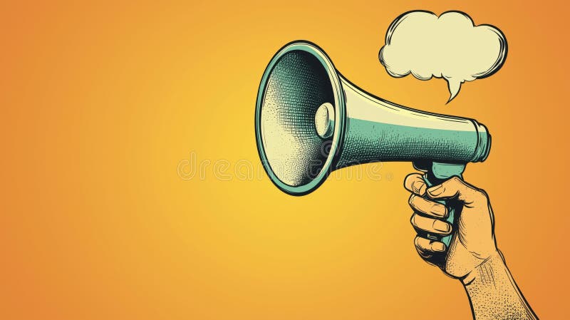 Hand Holding Megaphone with Speech Bubble on Vibrant Orange Background ...