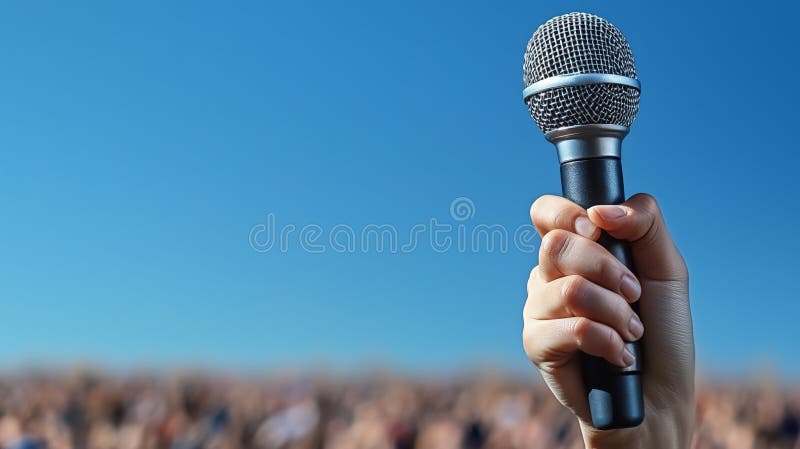 Hand Holding Microphone Against Blue Sky with Blurred Crowd Background ...