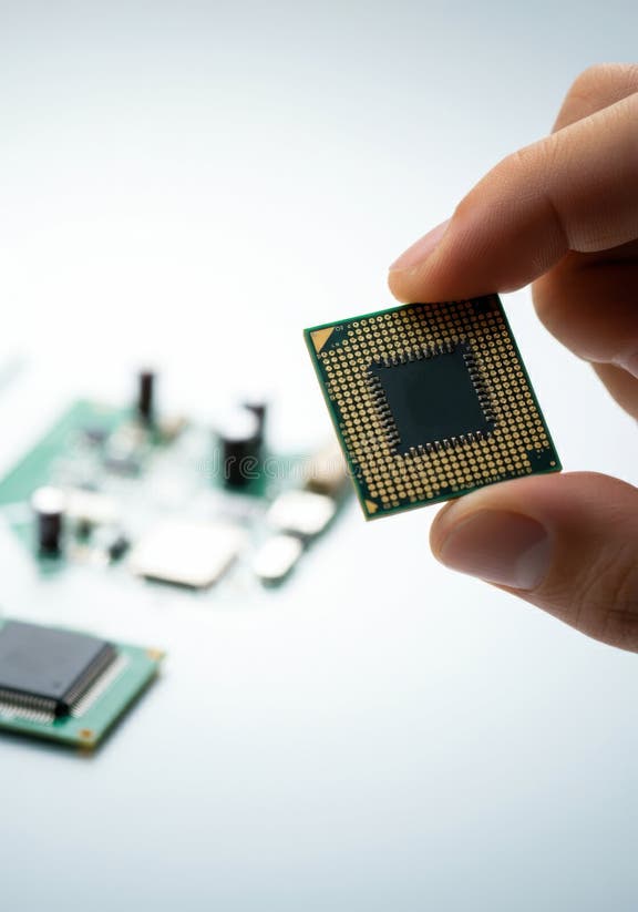 Hand Holding a Microprocessor Above a Circuit Board for Technology ...