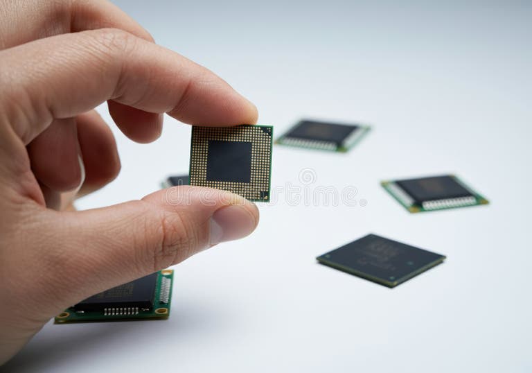 Hand Holding a Microprocessor Chip among Several Others on a Clean ...