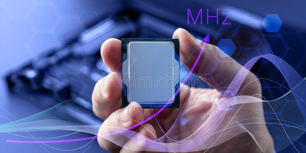 Hand Holding Microprocessor, Featuring Stylized MHz Frequency Indicator ...