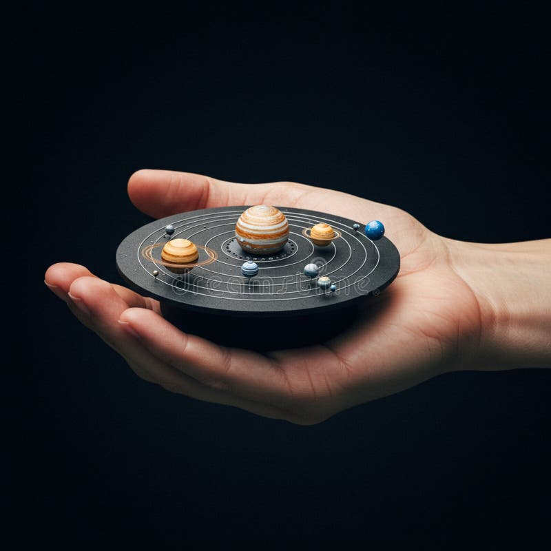 A Hand Holding a Miniature Model of the Solar System Against a Dark Background. the Stock ...