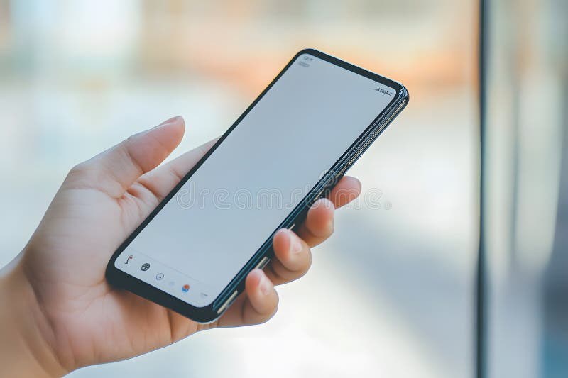 Hand Holding Mobile with Banking App, Lower Right Corner, Upper Area ...