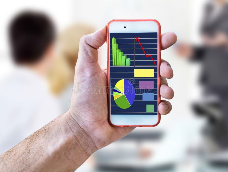 Hand Holding Mobile Phone with Analyzing Graph Stock Image - Image of ...