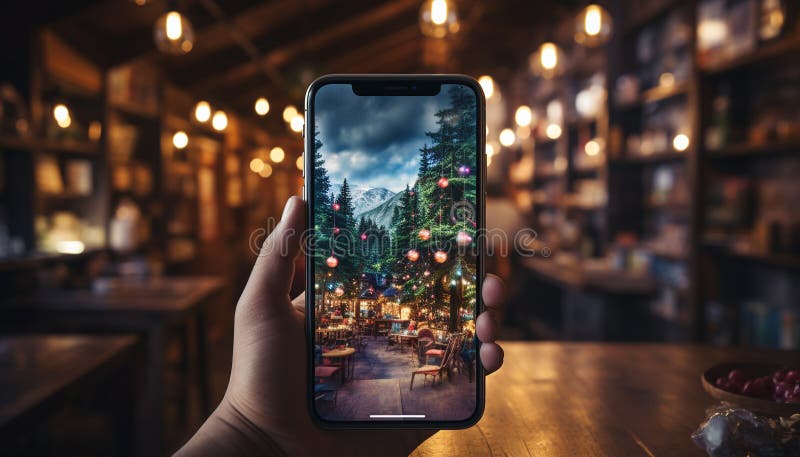Hand Holding Mobile Phone, Capturing Illuminated Christmas Tree with ...