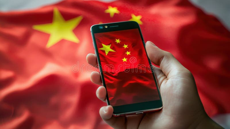 Hand Holding Mobile Phone with China Flag Background Stock Illustration ...