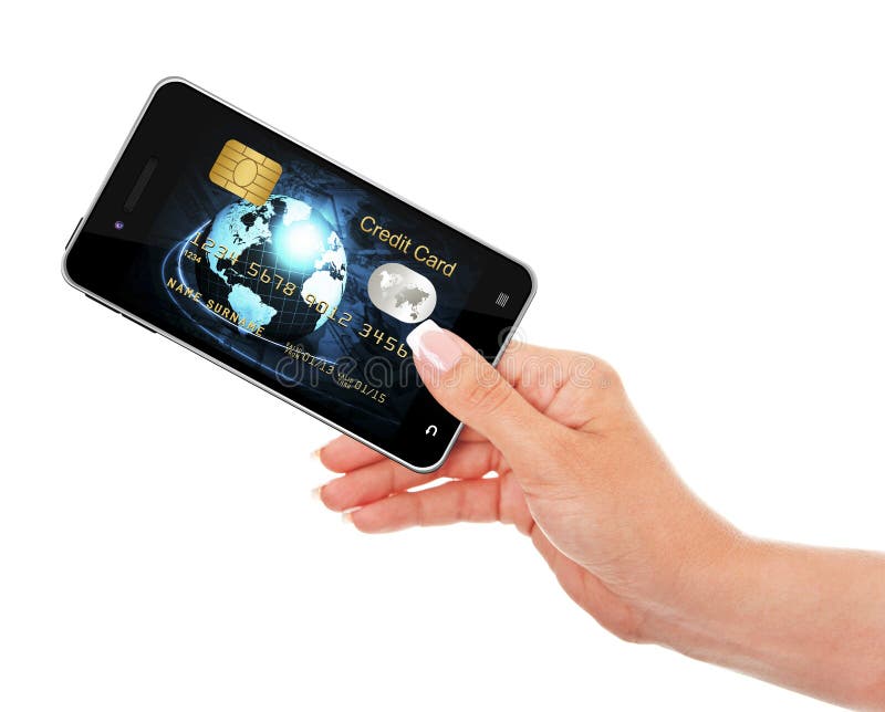 Hand Holding Mobile Phone with Credit Card Screen Stock Image - Image ...