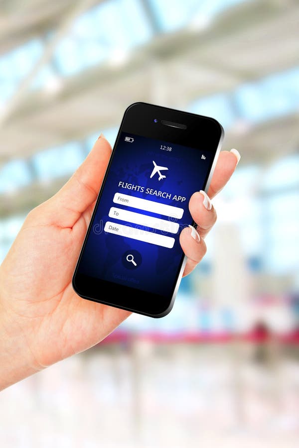Hand Holding Mobile Phone with Flights Search Application Stock Photo ...