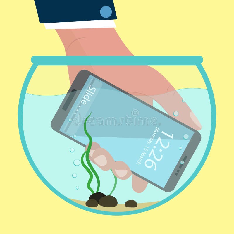 Hand Holding Mobile Phone Inside the Aquarium in Flat Design Style ...