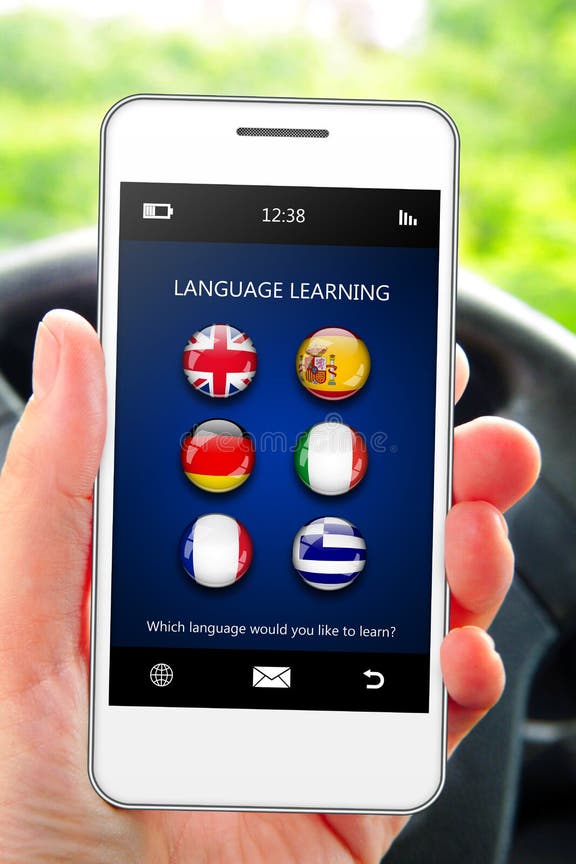 Hand Holding Mobile Phone with Language Learning Application Stock ...
