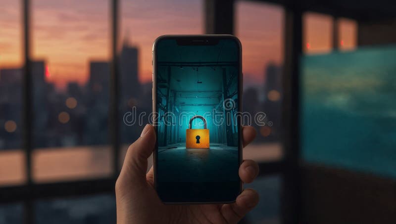 Hand Holding a Mobile Phone with Locked Screen. Cyber Security Concept ...