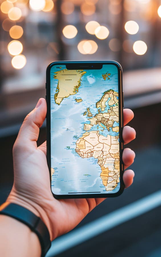 Hand Holding Mobile Phone with Map App, Navigation and Tourism Concept ...