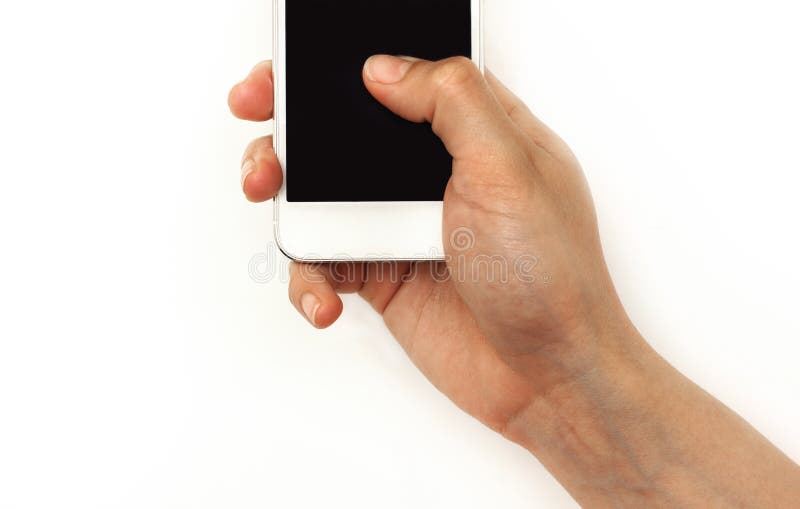 Hand Holding Mobile Phone, Pressing with Thumb on Screen Stock Image ...