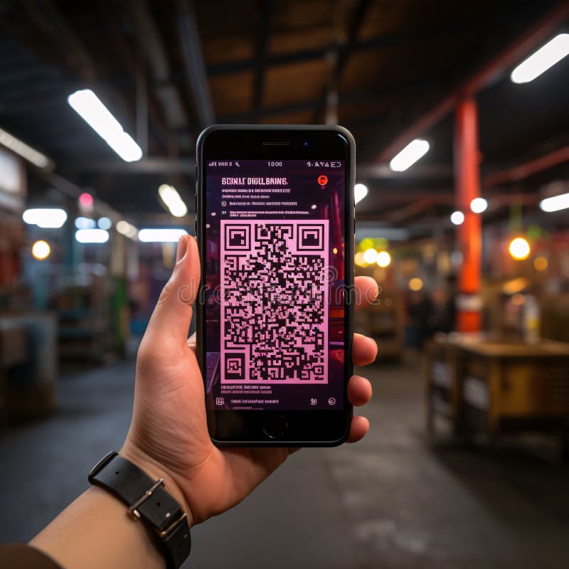Hand Holding Mobile Phone with QR Code Scan on Screen in Warehouse ...