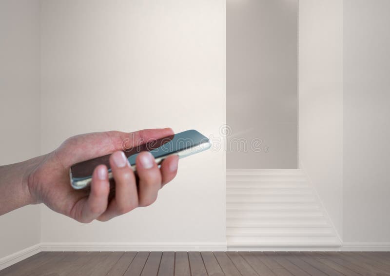 Hand Holding a Mobile Phone and Room with Steps Stock Image - Image of ...