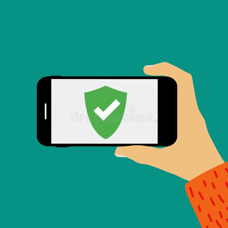 Hand Holding Mobile Phone with Security Shield Screen Template. Vector ...