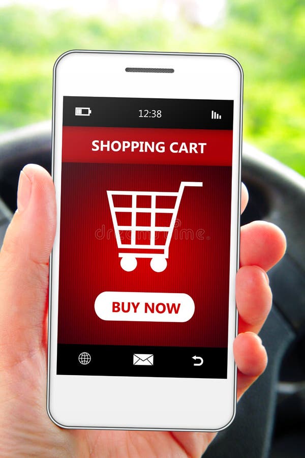 Hand Holding Mobile Phone with Shopping Car Stock Photo - Image of ...