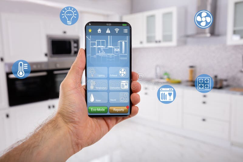 Hand Holding Mobile with Smart Home Control Icon Feature Stock Image ...