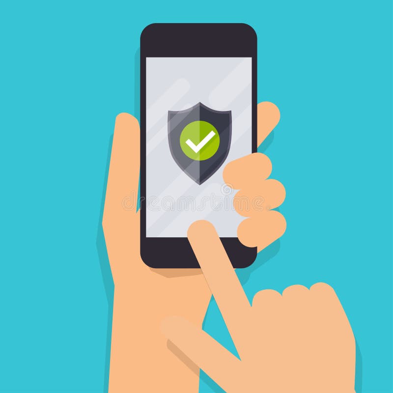 Hand Holding Mobile Smart Phone with Green Shield on Screen. Stock ...