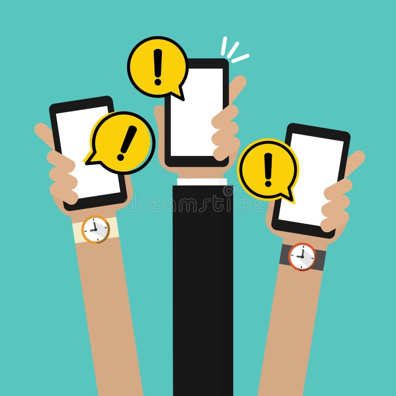 Hand Holding Mobile and Yellow Warning Mark. Danger Warning Attention ...