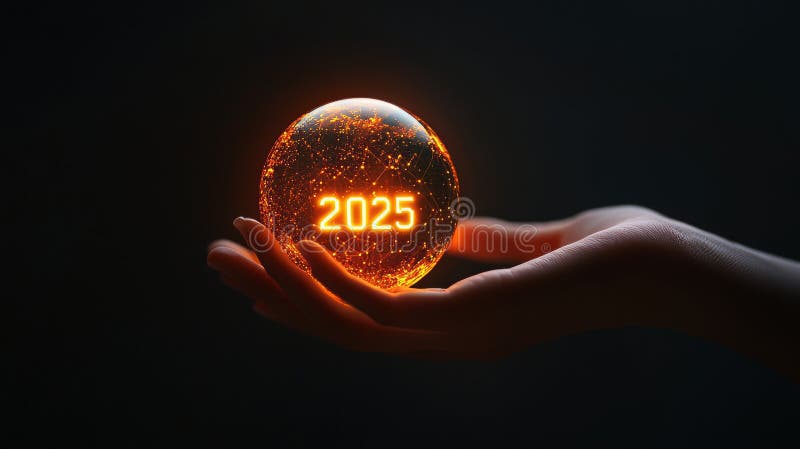 A Hand Holding a Modern Digital Orb with the Year 2025, Representing ...