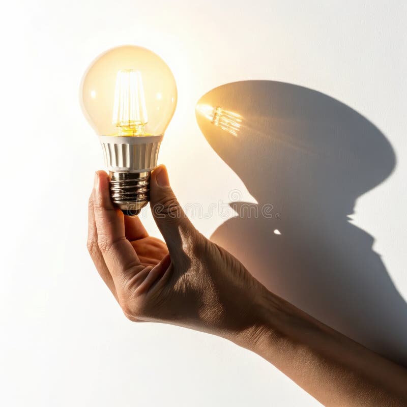 Hand Holding a Modern LED Light Bulb Casting a Shadow on a White Wall ...