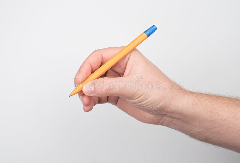 Hand Holding a Moving Yellow Pencil Against a Neutral Background, with ...