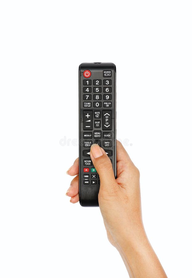 Hand Holding Multimedia Remote Control on White Background Stock Photo ...