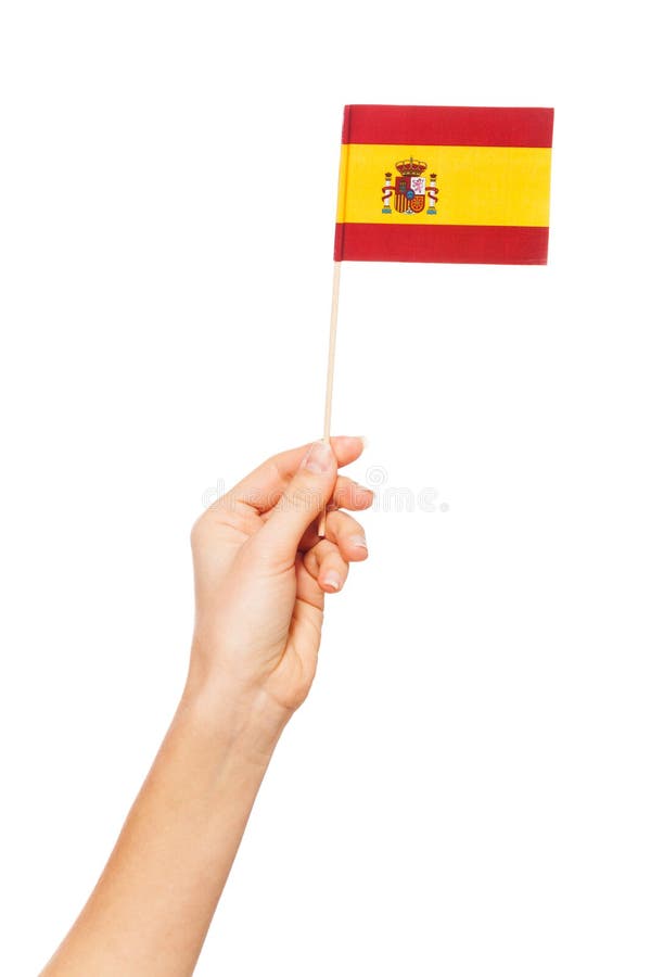 Hand Holding the National Flag of Spain by Pole Stock Photo - Image of ...