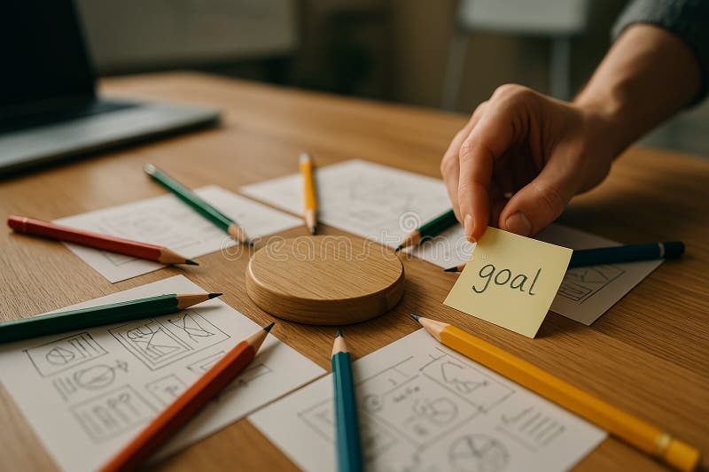 Hand Holding Note Labeled Goal on Table with Colored Pencils and ...